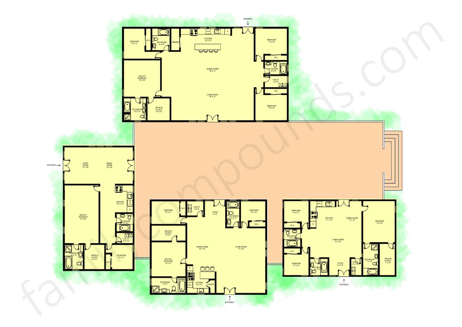 8 Types of 4-House Family Compound Layouts with Floor Plans
