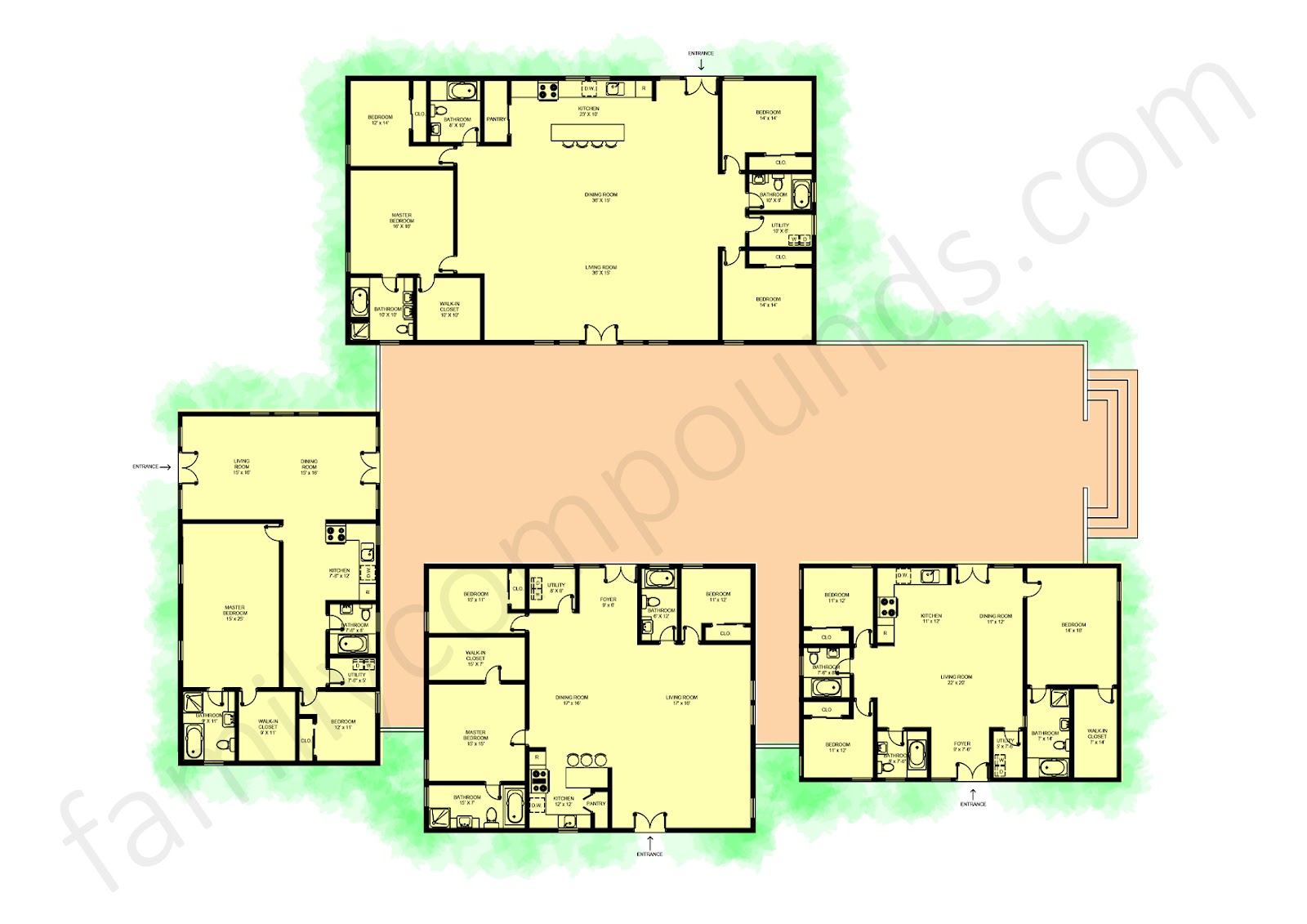 8 Types of 4-House Family Compound Layouts with Floor Plans