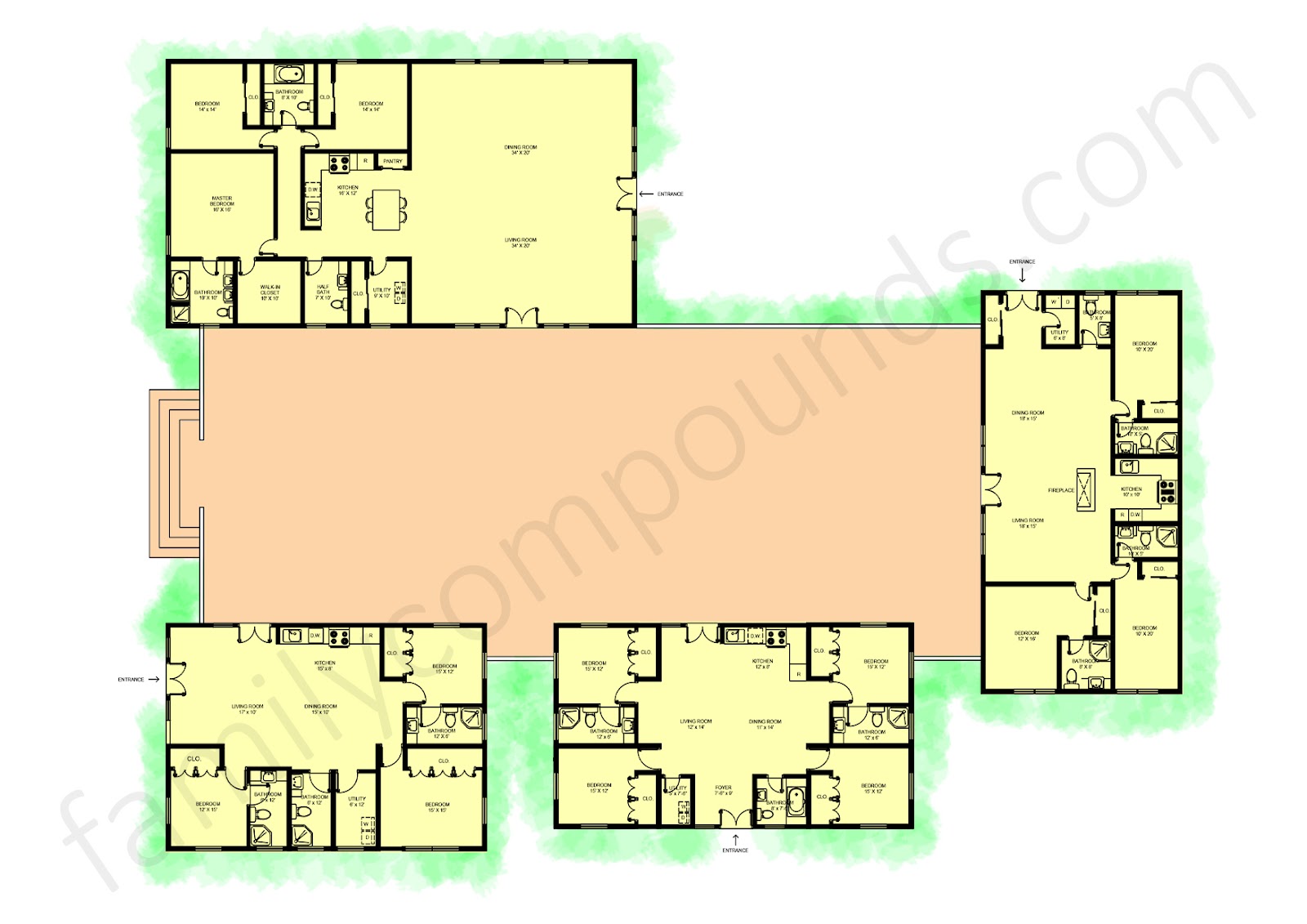8 Types of 4-House Family Compound Layouts with Floor Plans