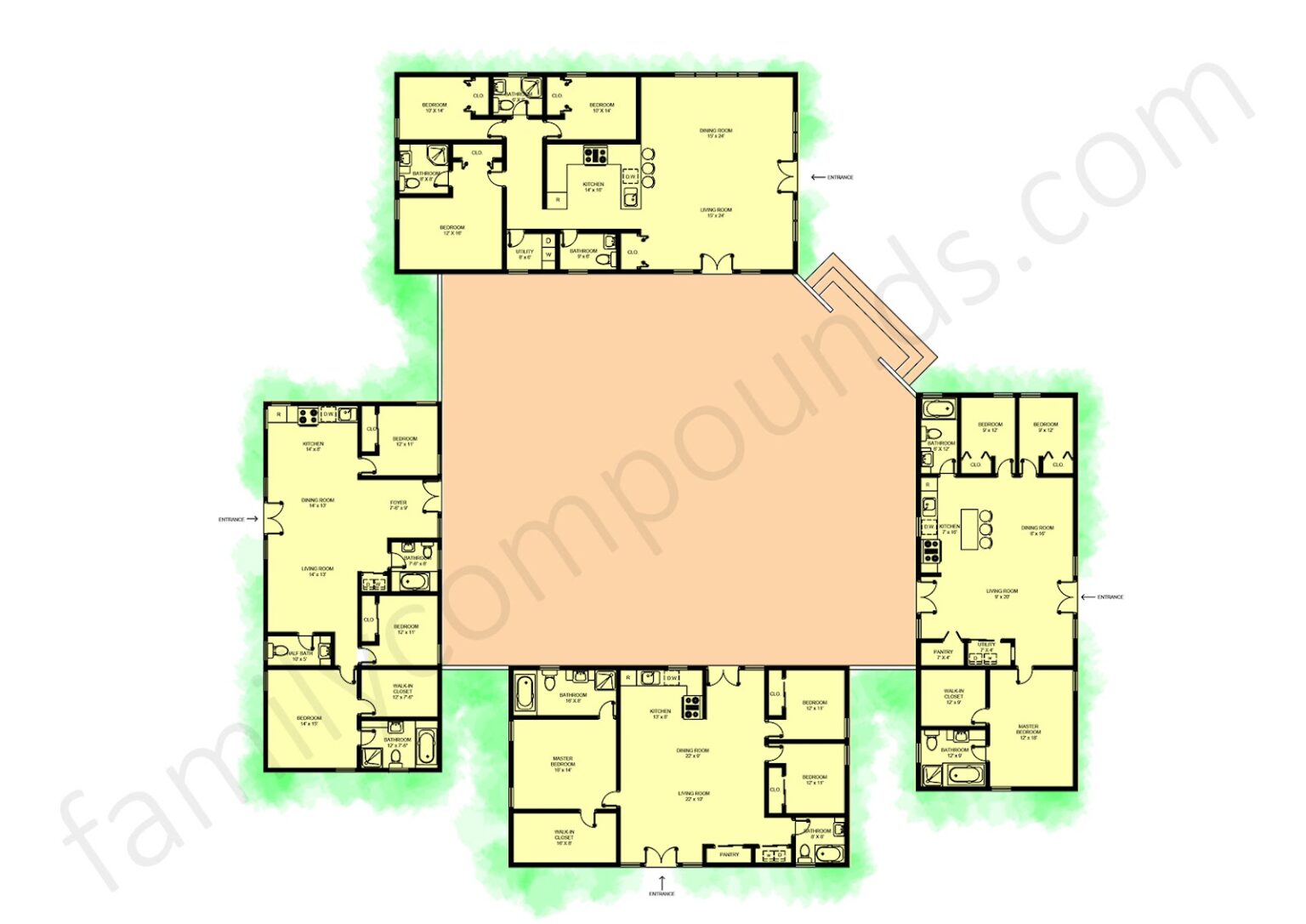8 Types of 4-House Family Compound Layouts with Floor Plans