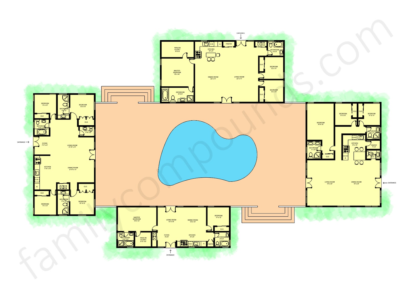 8 Types of 4-House Family Compound Layouts with Floor Plans