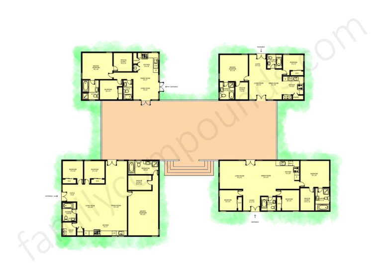 8 Types of 4-House Family Compound Layouts with Floor Plans