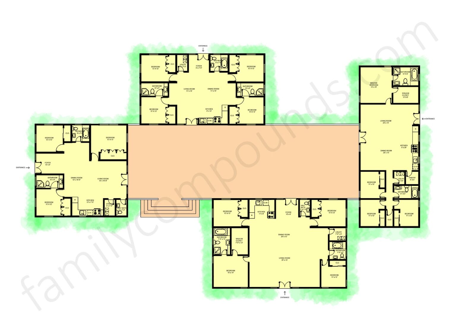 8 Types of 4-House Family Compound Layouts with Floor Plans