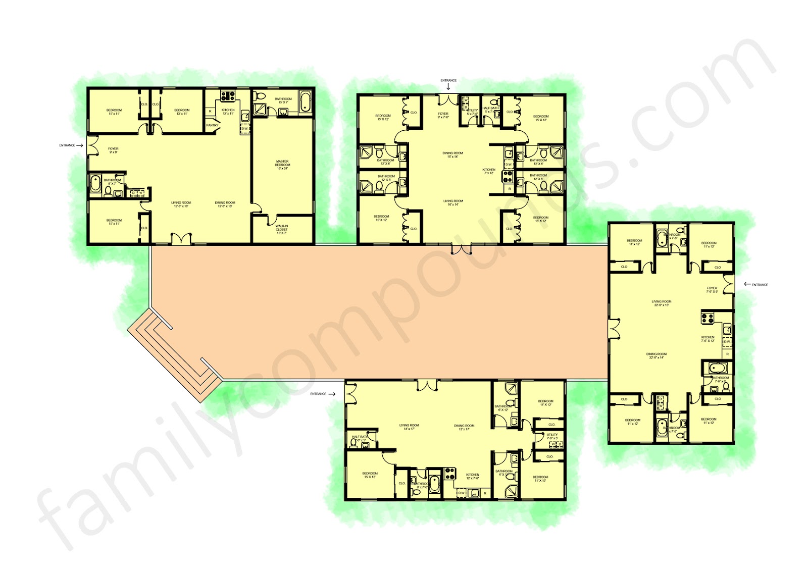 8 Types of 4-House Family Compound Layouts with Floor Plans