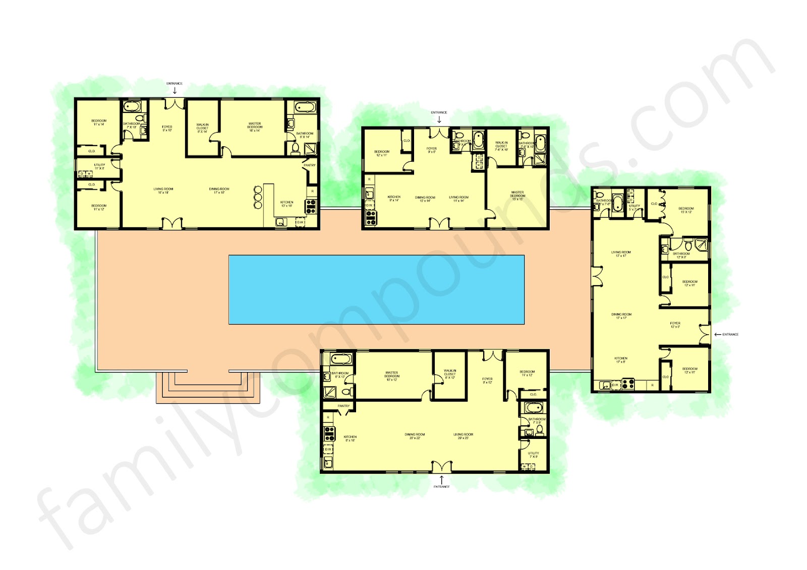 8 Types of 4-House Family Compound Layouts with Floor Plans